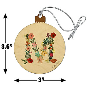 Letter M Floral Monogram Initial Wood Christmas Tree Holiday Ornament