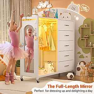 Cyclysio Dresser for Bedroom with Clothes Rack & Mirror, White 5 Drawers Dresser with Charging Station & LED Lights, Rolling Chest of Drawers with Wheels, Full Length Mirror, Wooden Top,Bedroom,Closet