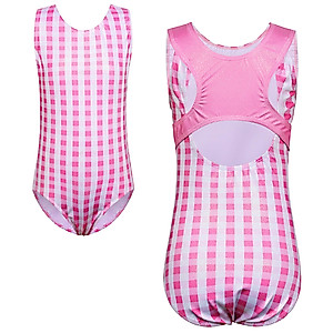 TFJH E Leotard for Girls Gymnastic Clothes Ballet Dancewear Practice Outfits Tumbling Wear 5t 6t Pink Plaid 6A