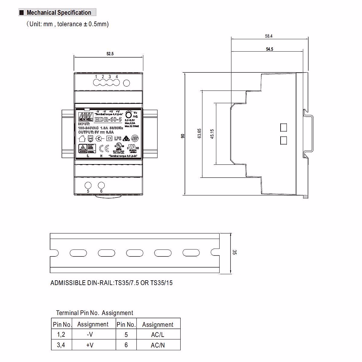 Mean Well Din-Rail Power Supply 54W 12V 4,5A ; MeanWell HDR-60-12 ; Panel Mount