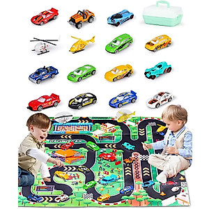 Kids Toy Car & Playmat Set-Car Toy Set for 3 Year Old Boys-17 PCS Metal Racing Car -Vehicle Car Toys for Boys Toddlers