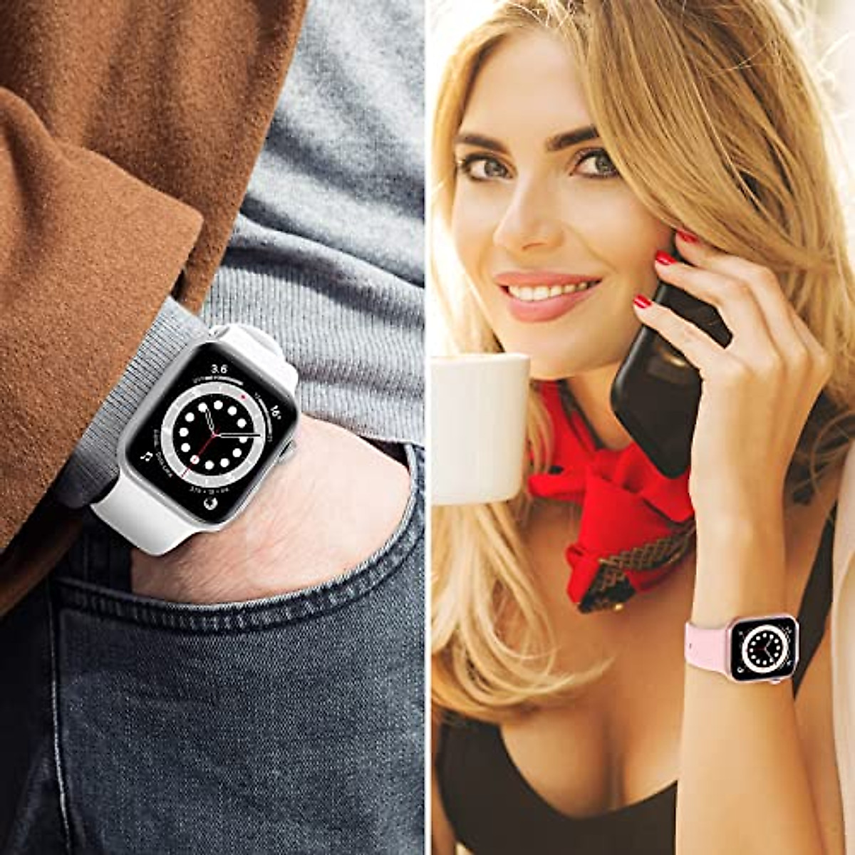 OUHENG 2 Pack Sport Band Compatible with Apple Watch Band 41mm 40mm 38mm, Soft Silicone Band Strap for iWatch Series 8/7/6/5/4/3/2/1/SE2/SE (Pink Sand/White, 41mm 40mm 38mm)