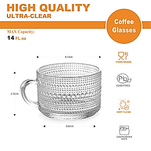 LUXU Vintage Coffee Mugs 14 oz Set of 4 Glass Tea Cups Stackable Glass Coffee Cups,Cute Coffee Bar Accessories,Iced Coffee Glasses,Clear Embossed Glass Cups for Cappuccino,Latte,Cereal,Yogurt,Milk