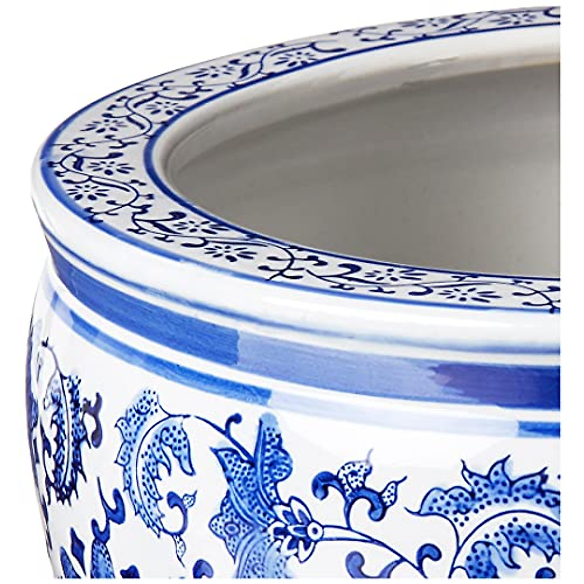 Oriental Furniture 12" Floral Blue & White Porcelain Fishbowl