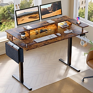 Bestier LED Electric Standing Desk Adjustable Height, 58x26 Inch Large Sit Stand Desk with Monitor Stand, Ergonomic Rising Desk for Home Office Workstation, Headphone Hook Storage Bag Brown