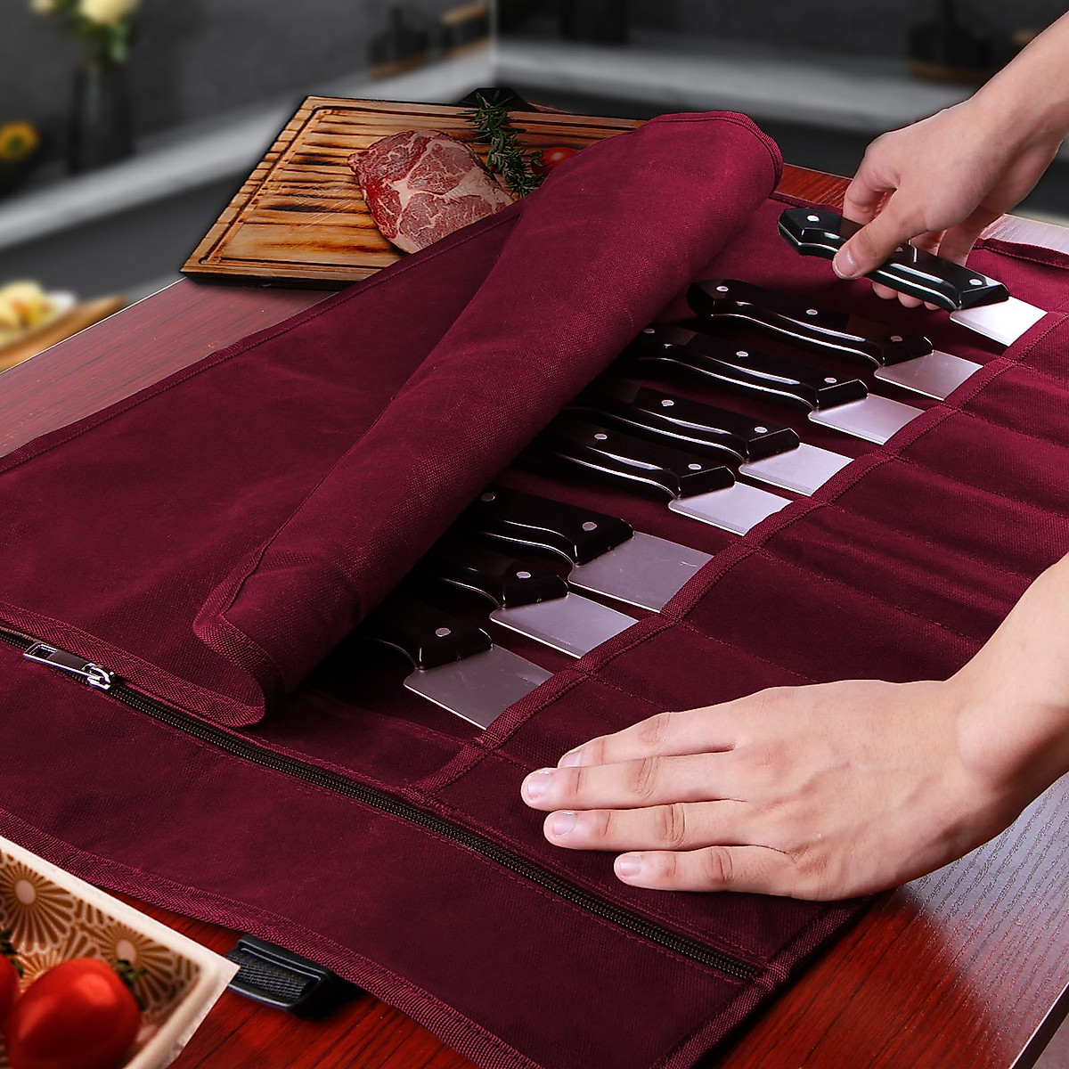 Chef Knife Roll Bag,Waxed Canvas Knife roll bag,Portable 10 Slots Chef Knife case with 1 Zipper Pockets,Heavy Duty Knives Roll Bags for Chef Case for Camping and Hold Home Kitchen Knife Tools Up (Red)