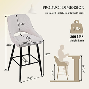 Chummaven Counter Stools Set of 2 Mid Century Modern Barstools with Legs Upholstered Bar Stools with Hollow Back 26 Inch Counter Height Stool Chairs for Kitchen Island(Beige)