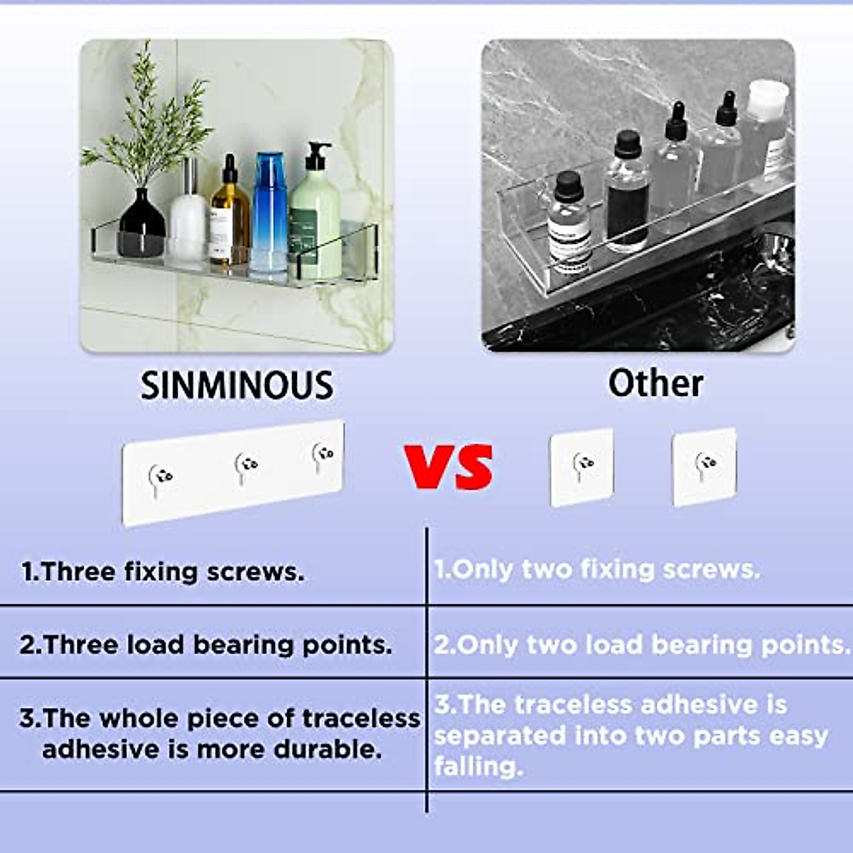 Sinminou Acrylic Shower Caddy Shelf 2- Pack of Traceless Adhesive Wall Mounted, No Drilling and Anti-rust, Clear Storage Rack for Shampoo Holder, Floating Acrylic Bathroom Shelves with Hooks for Razor