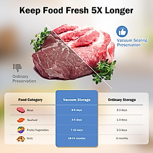 Vacuum Sealer, Food Vacuum Sealer Machine, 80Kpa Powerful Compact Vacuum Food Sealer with Bags Storage and 5 Bags, 1 Pack Bag Roll, Dry & Moist Modes (Silver)
