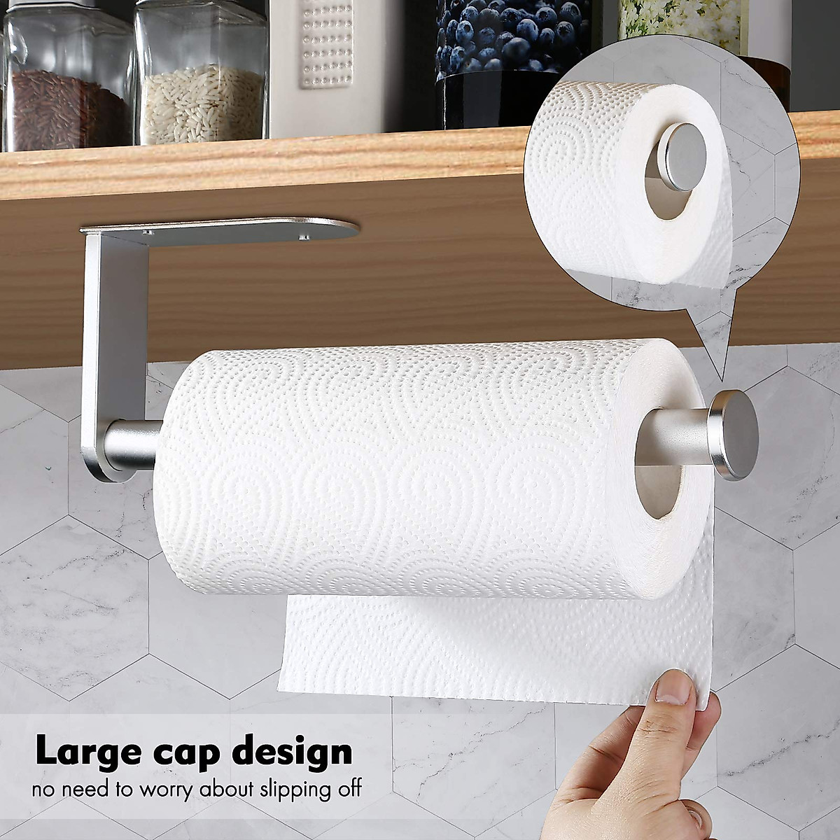 KES Paper Towel Holder Wall Mount or Under Cabinet, Adhesive Paper Towel Roll Holder for Kitchen, Screws and Self-Adhesive Strip Included, Aluminum Silver Finish, KPH400