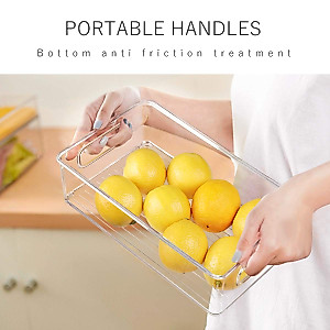 Stackable Refrigerator Organizer Bins, 6 Pack Clear Kitchen Organizer Container Bins with Handles and 20 PCS Free Plastic Bags for Pantry, Cabinets, Shelves, Drawer, Freezer - Food Safe, BPA Free 10"L
