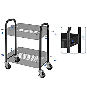 2-Tier Rolling Utility Cart with Handle,Mobile Metal Mesh Trolley with Wire Basket Shelving,Organizer Trolley with Lockable Wheels,Multifunctional Storage cart for Office Kitchen Bathroom,Black