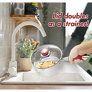 Concord 3 Quart Stainless Steel Saucepan with SIMPLE POUR Vented Glass Lid. Features Dual Pouring Spouts and Volume Marking. Perfect for making Sauces, Jam, Ramen, and more