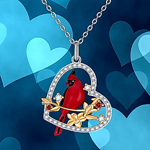 Sterling Silver Heart Red Cardinal Necklace for Women Mom Mother Daughter Friend Crystal Couples Cute Bird Necklaces Dainty Cubic Zirconia Long Chain