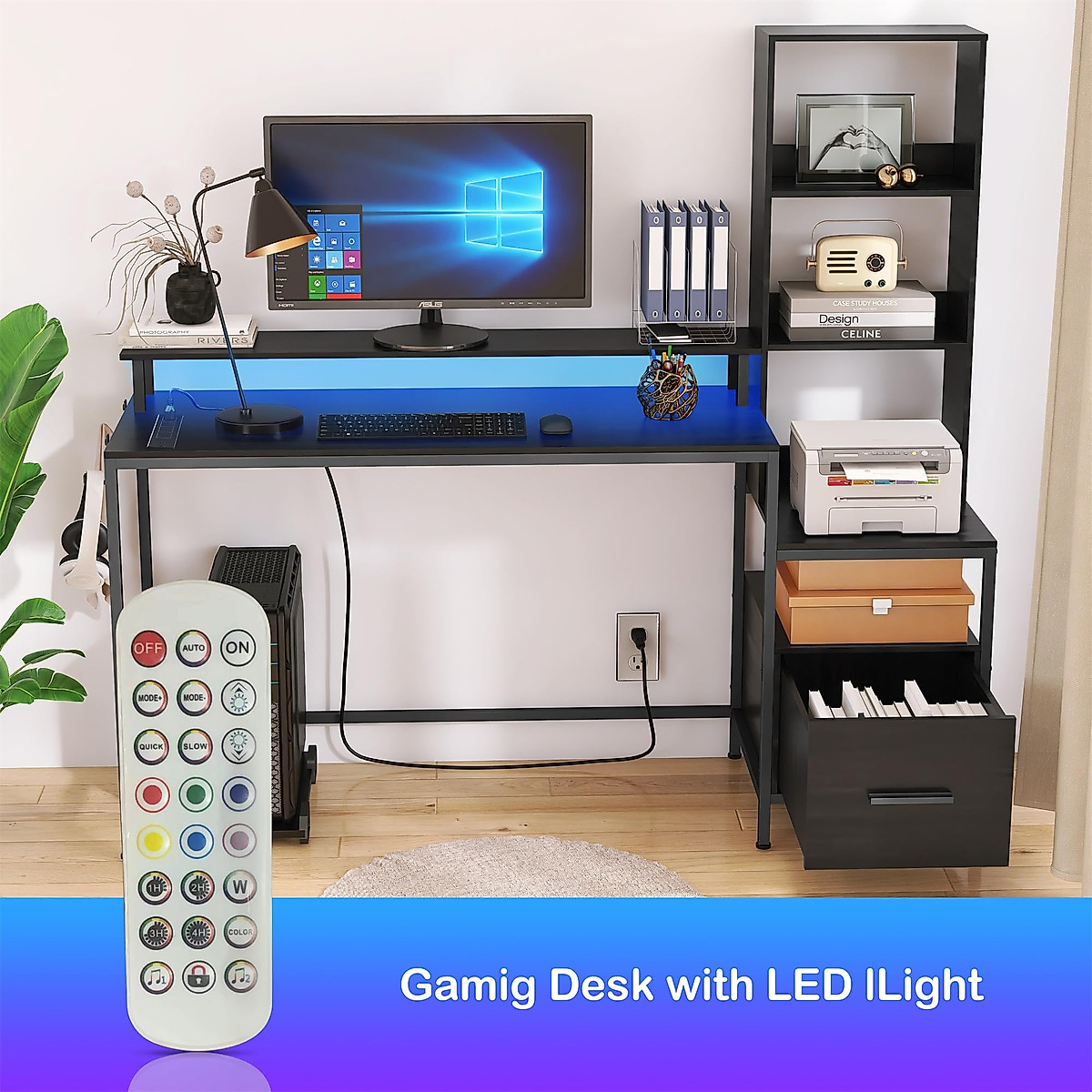 RUPOLX Black Desk with File Drawers, Computer Desk with Power Outlet and Monitor Shelf, Home Office Desk with Storage Shelves, Gaming Desk with Led Lights