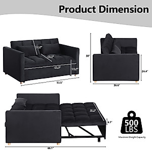 Keainvren Sleeper Sofa Convertible Sofa Bed Loveseat Sleeper Sofa Couch Futon Sofa Couch Velvet Chaise Longue Daybed with Lumbar Pillows for Living Room,Bedroom,Apartment (Black 4)