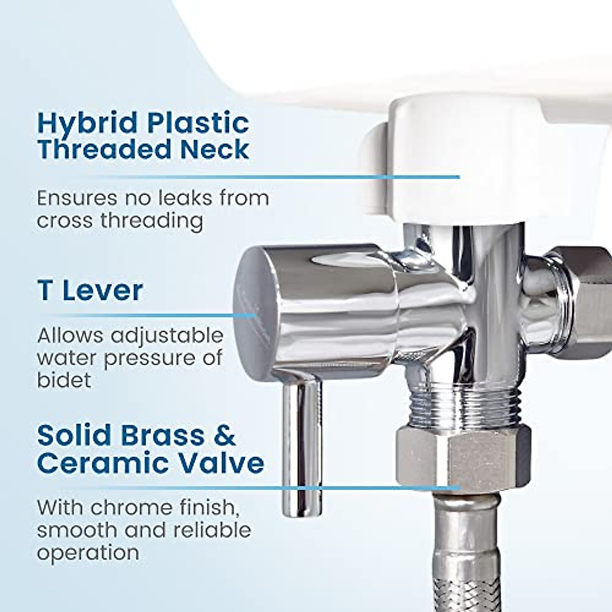 GenieBidet Hybrid LEAK-STOP Chromed Brass 3-Way T Adapter with ON/OFF. Simple hand-nut install. Resists cross-threading your plastic toilet fill valve.