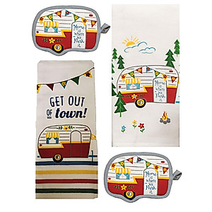 4 Piece Happy Camper Kitchen Towel Bundle - 1 Tea Towel, 1 Terry Towel and 2 Potholders