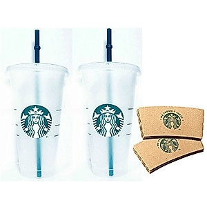 Starbucks Reusable Venti 24 fl oz Frosted Ice Cold Drink Cup Bundle Set of 2 with Sleeves