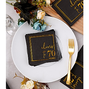 Cheers to 70 Years Cocktail Napkins - 50PK - 3-Ply 70th Birthday Napkins 5x5 Inches Disposable Party Napkins Paper Beverage Napkins for 70th Birthday Decorations Wedding Anniversary Black and Gold