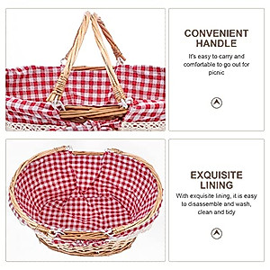 Woven Picnic Basket with Handles: Wicker Basket Eggs Candy Basket with Red and White Gingham Blanket Lining for Egg Gathering, Wedding, Candy Gift