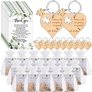 Seeloowy 50 Sets Wedding Souvenir for Guests Includes Wood Heart Puzzle Keychain Cards and Gift Bags Rustic Wedding Favors for Guests