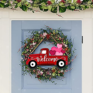 Winder Welcome Sign & Home Sign for Front Door 2-Side Rustic Red Truck Decor with 10-PC Interchangeable Holiday Icons for Spring Easter 4th of July Fall Harvest Halloween Christmas Seasonal Wall Hanging & Table Decorations(2-Side Red Truck)