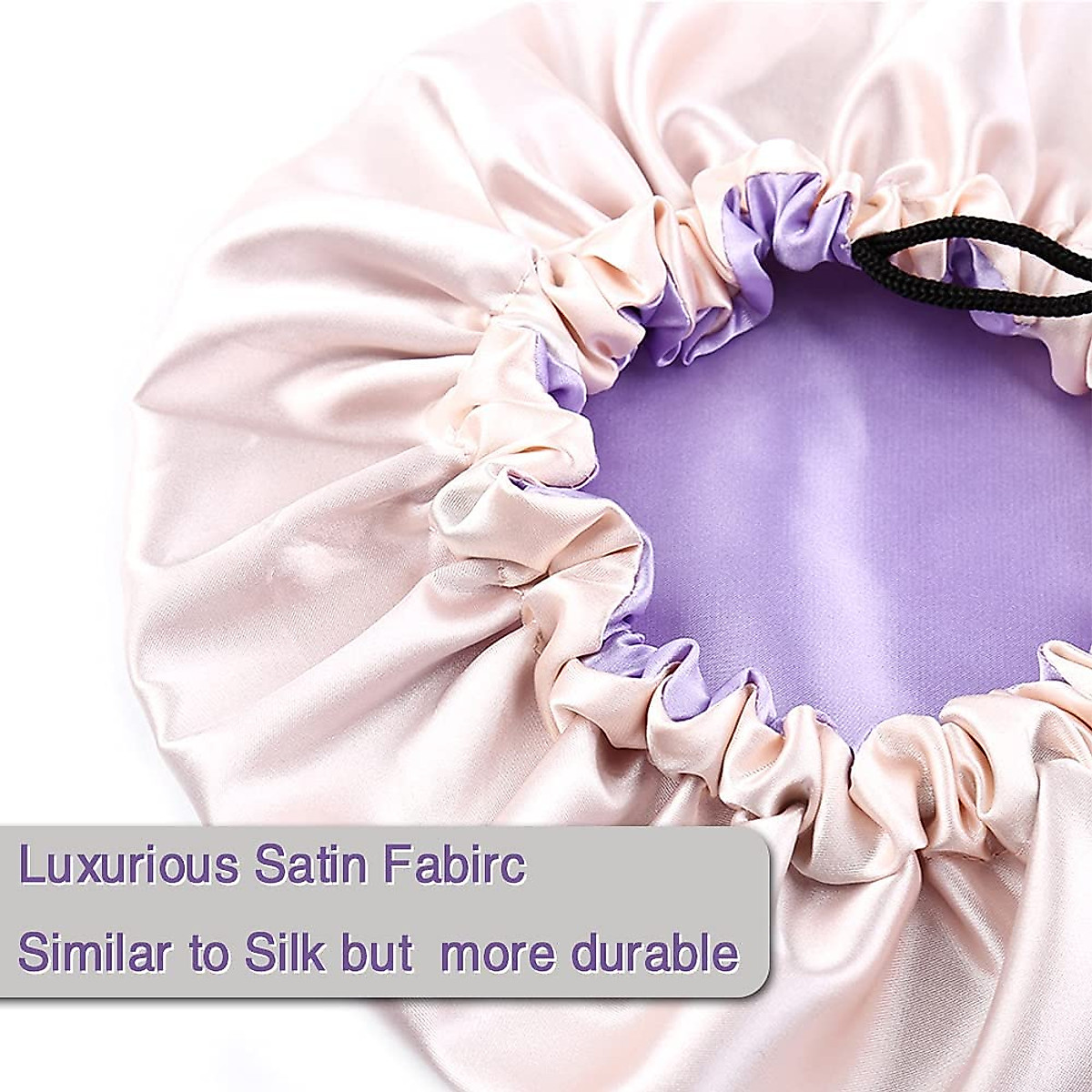 greatremy Kids Satin Bonnet Sleep Cap,Double Layer Soft Elastic Baby Satin Natural Hair Bonnets with Adjustable Drawstring for Girl Boy Infant Toddler Child Sleeping (Reversible Champagne/Purple)