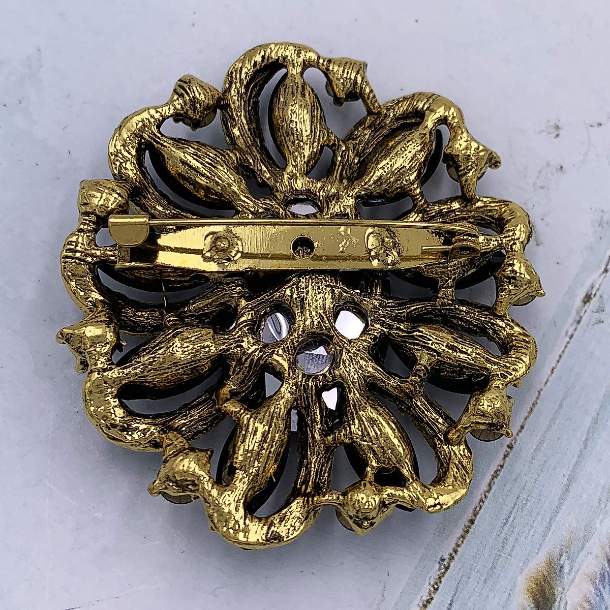 SELOVO Color Black Brooch Pin Marquise Flower Dress Accessory Gold Tone