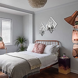 ZEXUIRU 2 Set Mirrored Shelves Wall Decor Wood Rustic Floating Shelves Geometric Diamond Shape Carving Frame Hanging Wall Art (White Set)