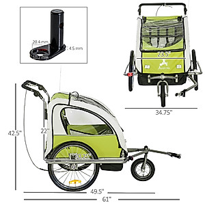 Aosom Elite 360 Swivel Bike Trailer for Kids Double Child Two-Wheel Bicycle Cargo Trailer with 2 Security Harnesses, Green