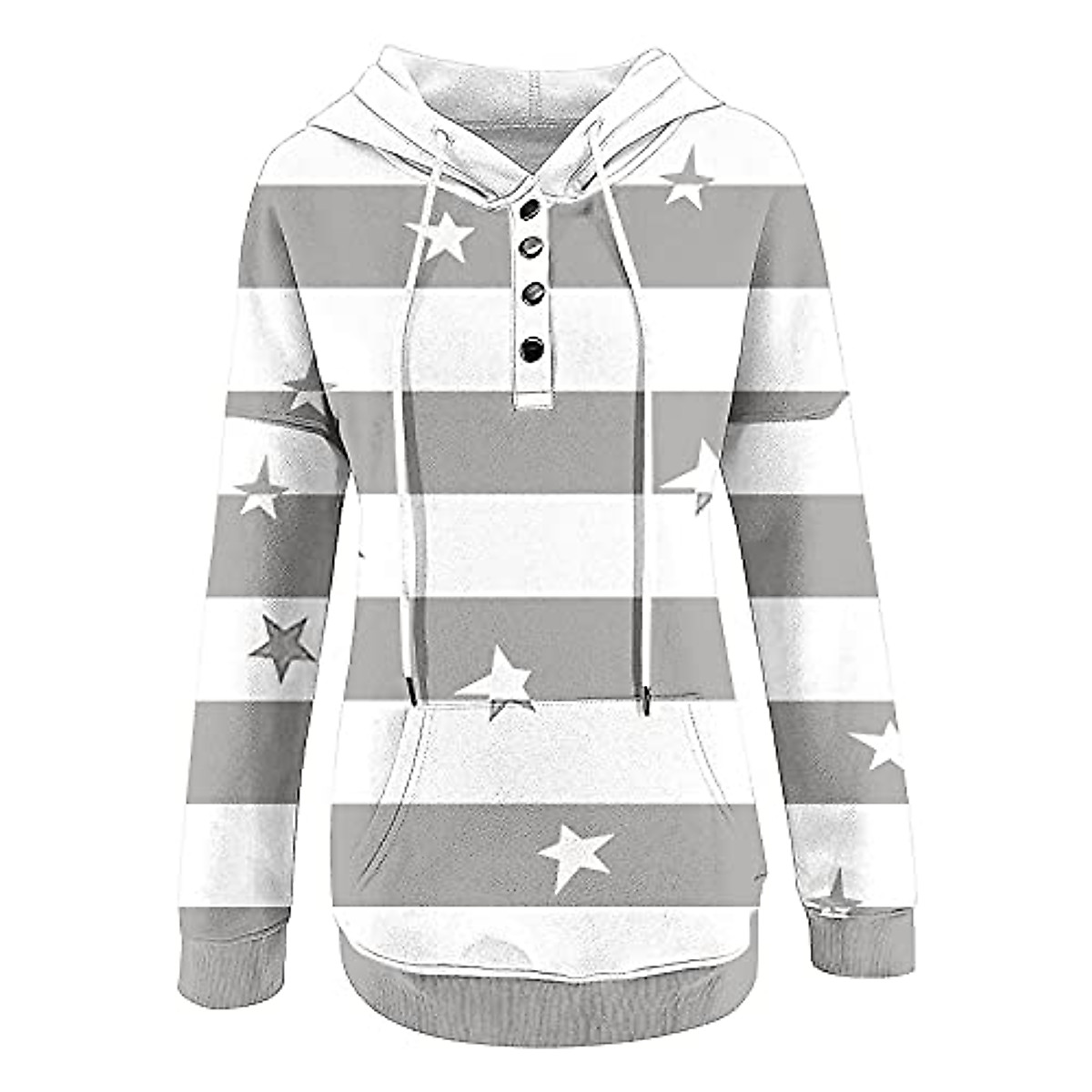 Women Casual Pullover Hoodies Sweatshirt Plus Size Button Down Drawstring Loose Long Sleeve Striped Top with Pockets Gray