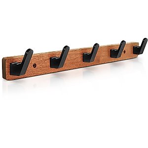 IBosins Coat Hooks Wall Mounted Coat Rack, 16.7'' Long, Entryway Hanging Coat Rack, Metal Wood Coat Rack with 5 Black Literary Rustic Hooks, Decorative Hooks Rail for Coat, Bag, Towel, Hat