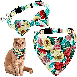 KUDES 2 Pack Breakaway Cat Collar with Removable Bow Tie and Bandana, Cute Floral Pattern Kitten Bowtie Collar Bandana Collar with Bells for Cats Puppy, Adjustable from 7.5-10.8 Inch (Colorful Flower)