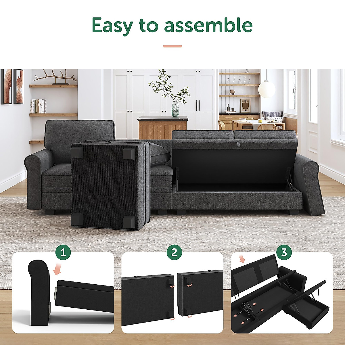 HONBAY U Shaped Sectional Couch with Storage Seat, Reversible Chaise, Convertible for Living Room, Dark Grey