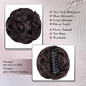 DeeThens Messy Bun Hair Piece Tousled Updo Hairpiece for Women Wavy Curly Scrunchies Clip in Claw Hair Bun Synthetic Chignon Claw Clip With Hair Attached (Darkest Brown)