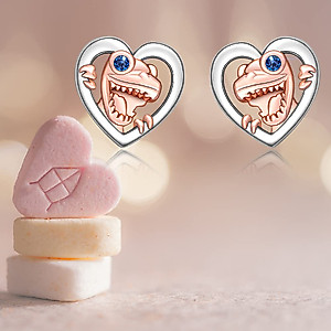 Heart Dinosaur Earrings Sterling Silver Studs for Cute Crystal Sapphire Jewelry Women's Statement Hypoallergenic Animal Valentine Gift