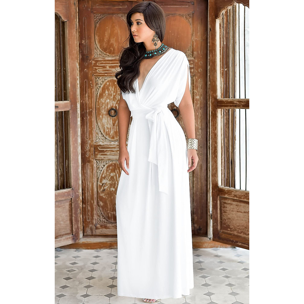 KOH KOH Womens Long Semi-Formal Short Sleeve V-Neck Full Floor Length V-Neck Flowy Cocktail Wedding Guest Party Bridesmaid Maxi Dress Dresses Gown Gowns, Ivory White M 8-10