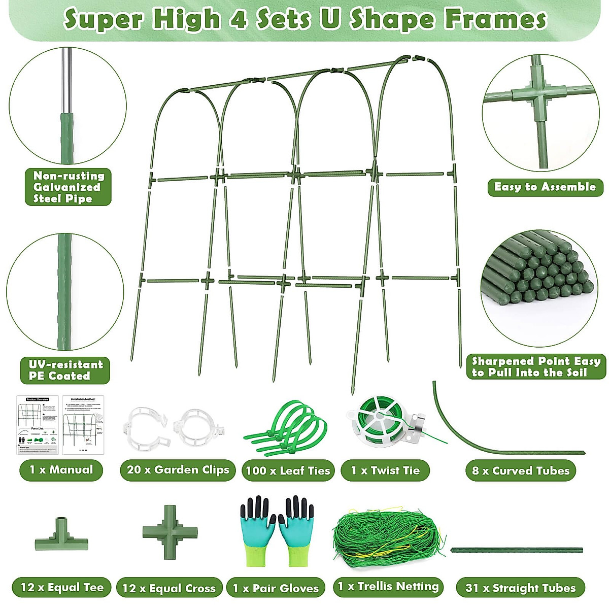 Tetutor Cucumber Trellis for Raised Bed 65"×48", Garden Arch Trellis for Climbing Plants Outdoor, Metal Garden Trellis for Vegetables, Cucumber Trellis for Tomato, Bean, Pea, Grape, Plant, Squash