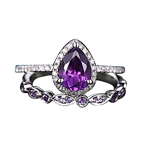 RIQINGY Shining Crystal Ring Kits Fashion Drop Shape Zirconia Rings Set Amethyst Teardrop Ring Engagement Wedding Ring Sets