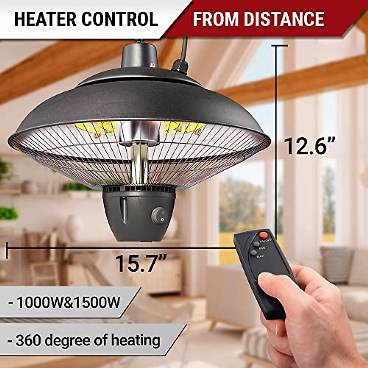 Outdoor Patio Heater - Electric Outdoor Heater - Ceiling Mounted Patio Heater - Waterproof Space Heater Lamp For Patio - Remote control electric heater outdoor- Hanging heater outdoor and indoor use