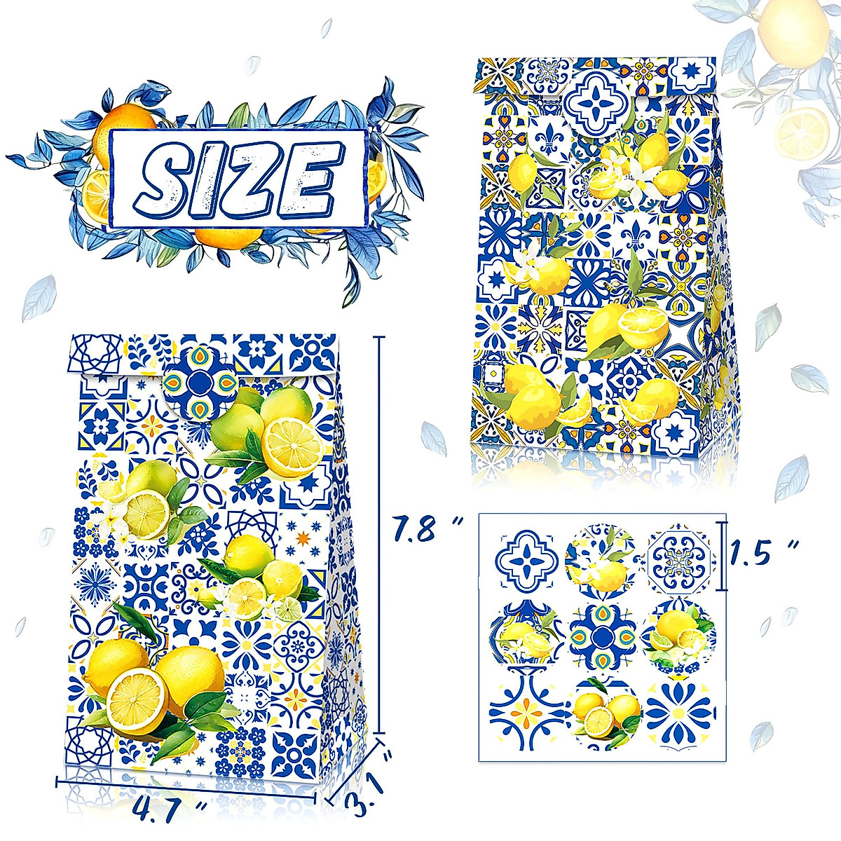 JeVenis 12 PCS Capri Lemon Party Favor Bags Capri Lemon Party Decorations Blue Tiles and Lemon Party Supplies for Capri Lemon Birthday Wedding Bridal Shower