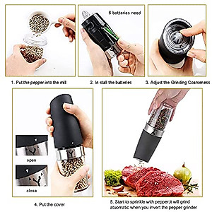 YAYAYOUNG Gravity Electric Grinder set of 2,Automatic Pepper and Salt Mill Grinder with Blue LED LIGHT,Electric Pepper Mill with Adjustable Coarseness,Refillable,salt and pepper shaker,pepper grinder