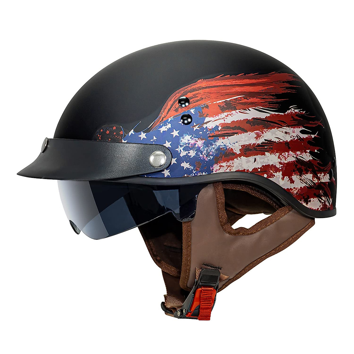 VCAN Cruiser Half Face Motorcycle Helmet with Drop-Down Sun Visor, Removable Peak and Quick Release Buckle