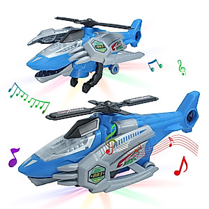Elimiic Helicopter Toys for 3 4 5 6 Year Old Boys Automatic Transform Dinosaur Toys with LED Light and Music 4-6 Year Old Boy Birthday Gifts(Blue)