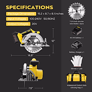 VIVOHOME 7-1/4-Inch Circular Saw Kit, 20V Brushless 4000 RPM, Max Cutting Depth 2-12/25"(90°), 1-5/8"(45°), Cordless Saw with a 4.0-Ah Battery, Fast Charger, and Carrying Bag