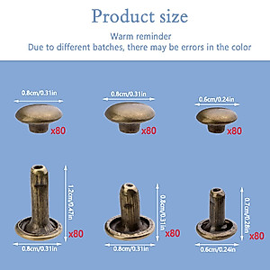 TLKKUE 240 Sets Rivets for Leather, Leather Rivets 3 Sizes Leather Double Cap Rivets for DIY Leather Craft, Bags/Clothes/Shoes/Belts Decoration or Repair (Bronze)
