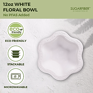 [50 COUNT]12 oz Disposable Floral White Paper Bowls - Acanthus Collection Natural Sugarcane Bamboo Fibers Bagasse Eco Friendly Environmental Plastic ice cream Bowl Elegant Alternative