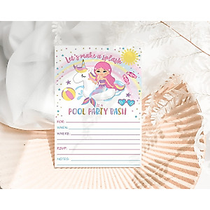 Your Main Event Prints Mermaid Unicorn Pool Party Birthday Invitations - Summer Pool Party Bash - Splash Pad, Water Park Invites - 20 Fill-In Unicorn Mermaid Invitations and White Envelopes