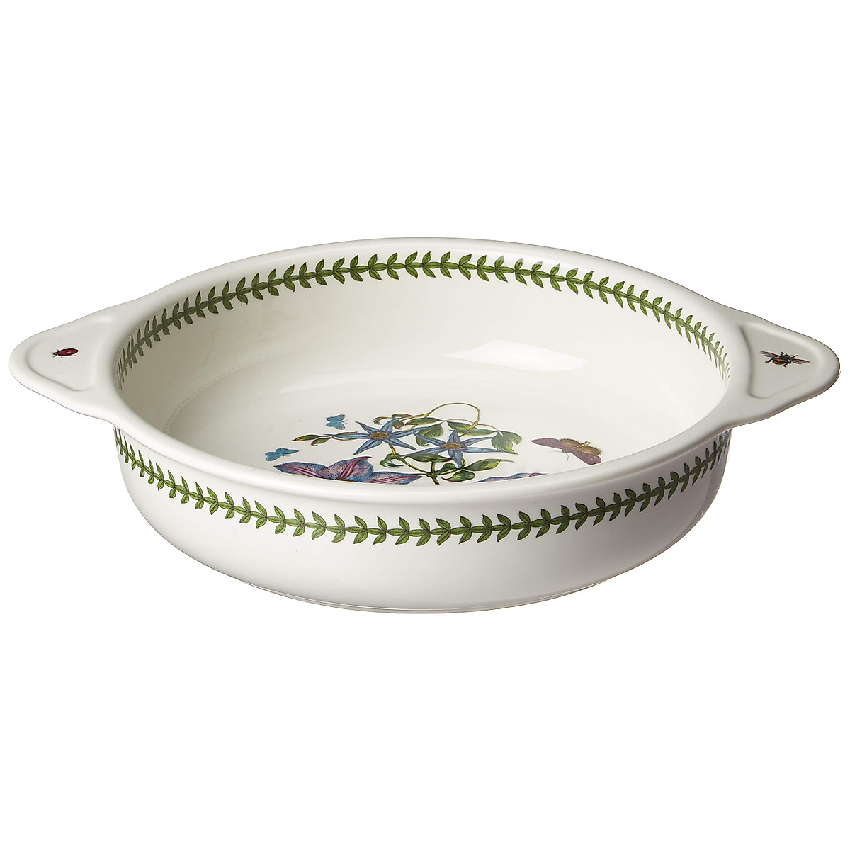 Portmeirion Botanic Garden Round Baking Dish with Handles | 10 Inch Baking Dish with Clematis Motif | Made from Porcelain | Dishwasher and Microwave Safe